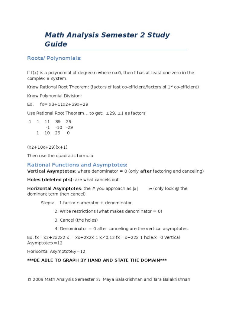 Math Analysis Semester 2 Study Guide | PDF | Asymptote | Summation