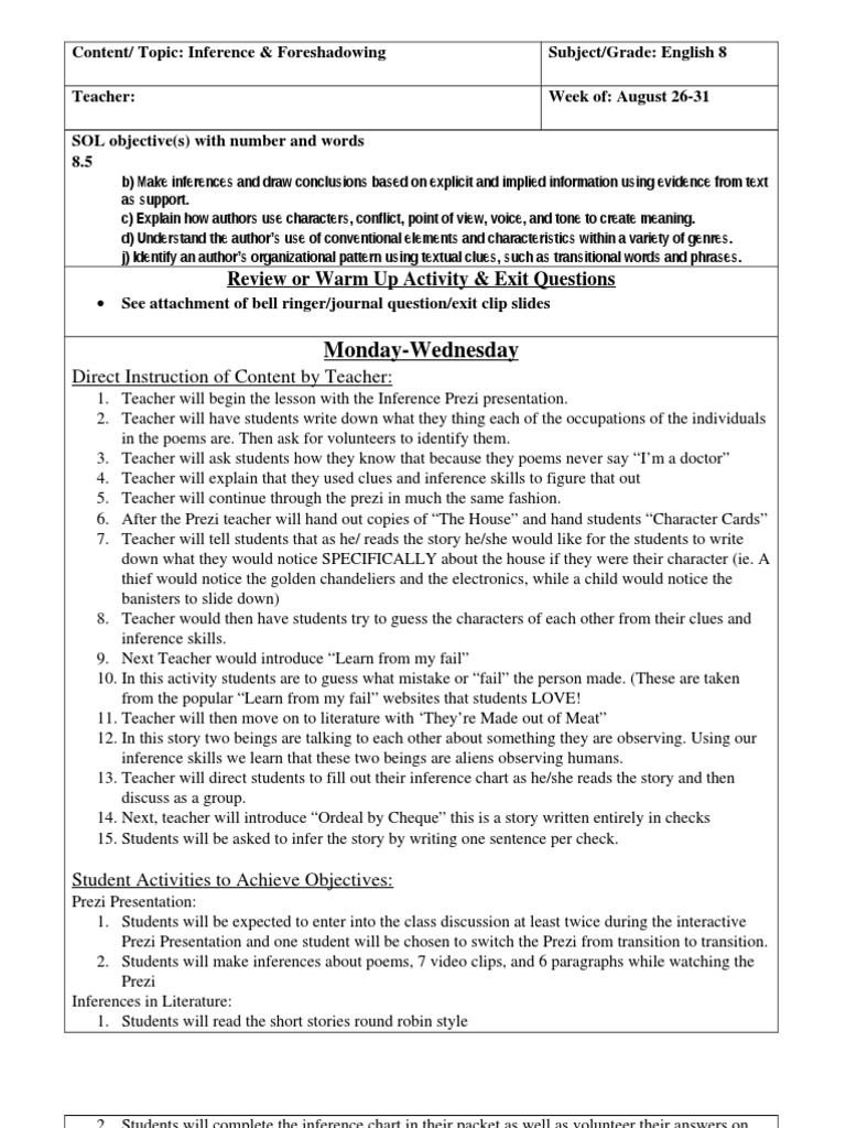 Lesson Plan - Week 3 Inference | PDF | Question | Quiz