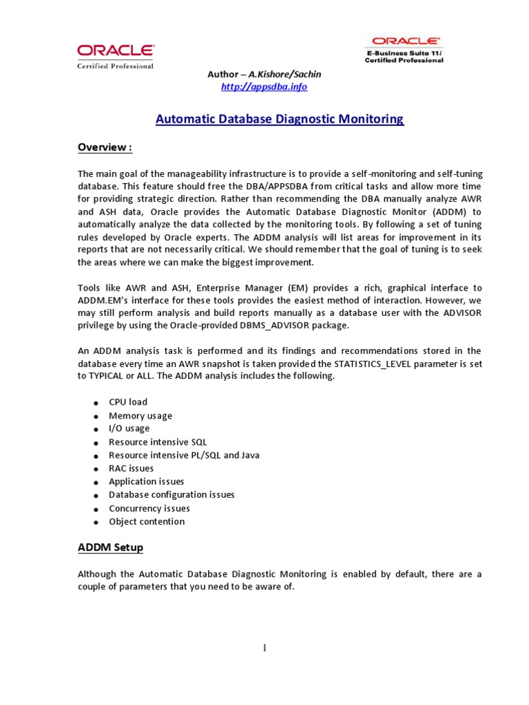 Automatic Database Diagnostic Monitoring Overview Pdf Oracle Database Databases