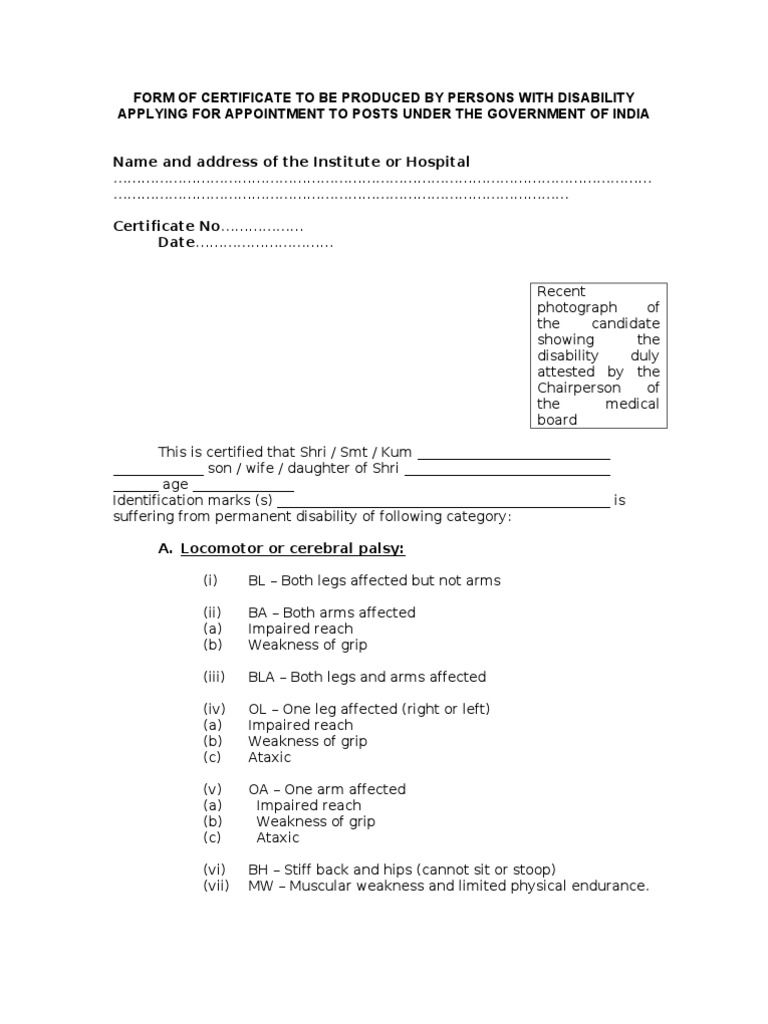 Format of Disability Certificate - 0 | PDF