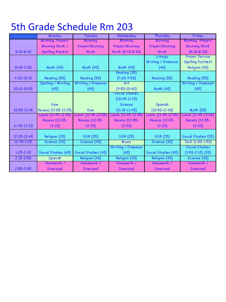 5th Grade Class Schedule Overview | PDF