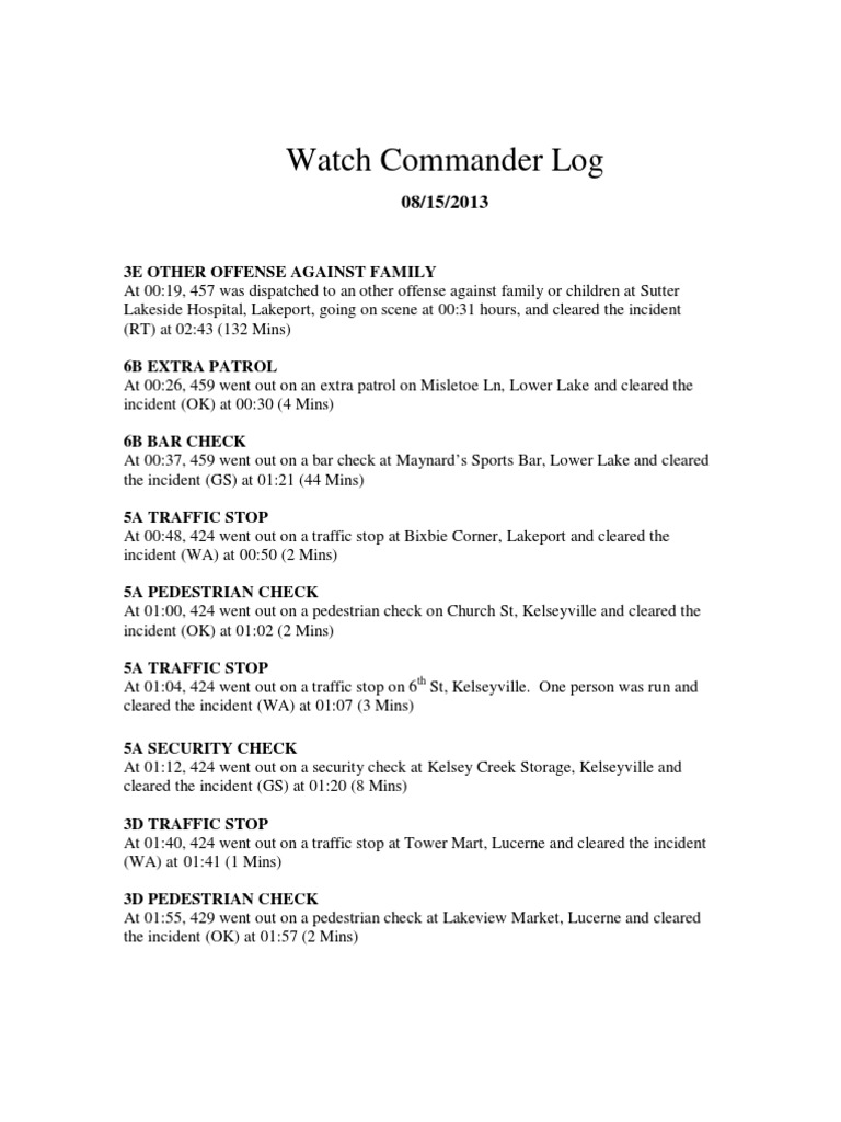 Watch Commander Log: 3E Other Offense Against Family | PDF | Traffic ...