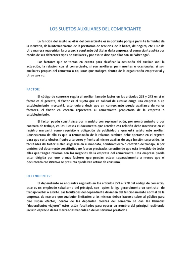 Los Sujetos Auxiliares Del Comerciante | PDF | Derecho laboral | Comercio