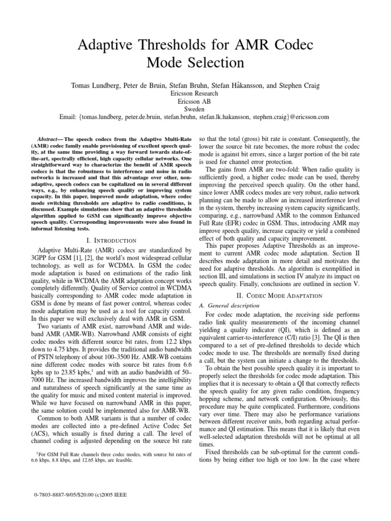 Adaptive Thresholds For Amr Codec Mode Selection | PDF