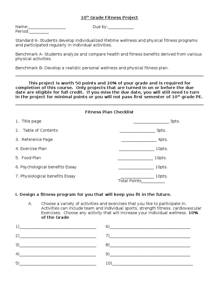 10th Grade Fitness Project Guidelines | PDF | Physical Fitness | Meal