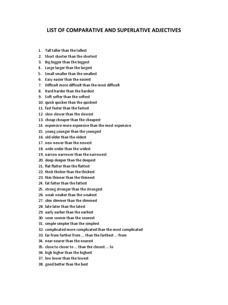 List of Comparative and Superlative Adjectives | PDF | Grammar ...