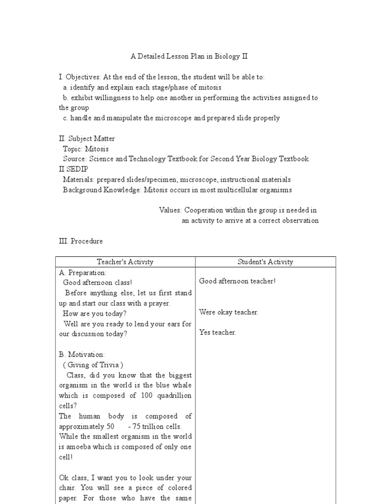 Detailed Mitosis Lesson Plan | PDF | Mitosis | Meiosis
