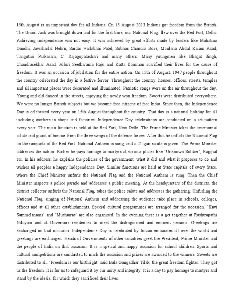 Independence Day 15th August Essay Speech Information | PDF | South ...