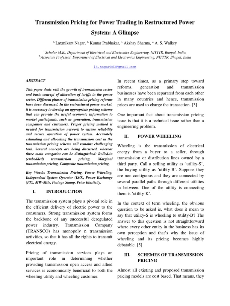 Transmission Pricing For Power Trading in Restructured Power System PDF ...