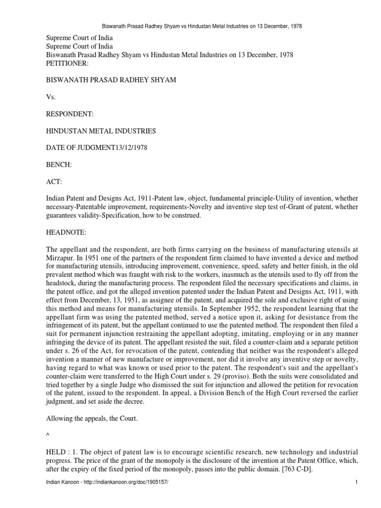 Biswanath Prasad Case Summary | PDF | Patent | Glossary Of Patent Law Terms