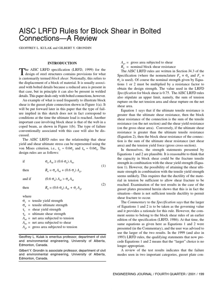 Aisc LRFD Rules For Block Shear in Bolted-Kulak, Gilbert-2001q4 | PDF ...