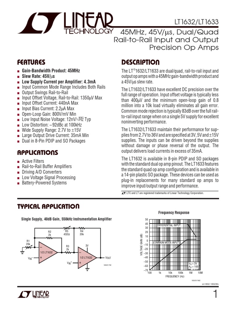 Features Descriptio: Lt1632/Lt1633 45Mhz, 45V/ S, Dual/Quad Rail-To-Rail Input and Output ...