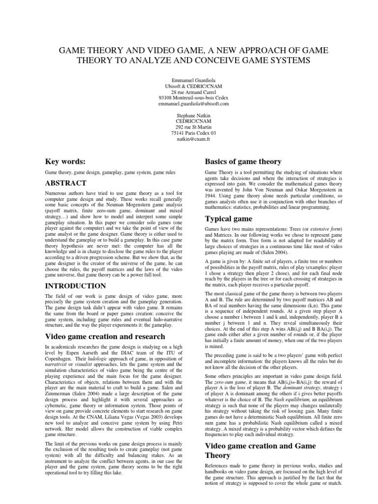 Game Theory and Video Game, A New Approach of Game Theory To Analyze ...