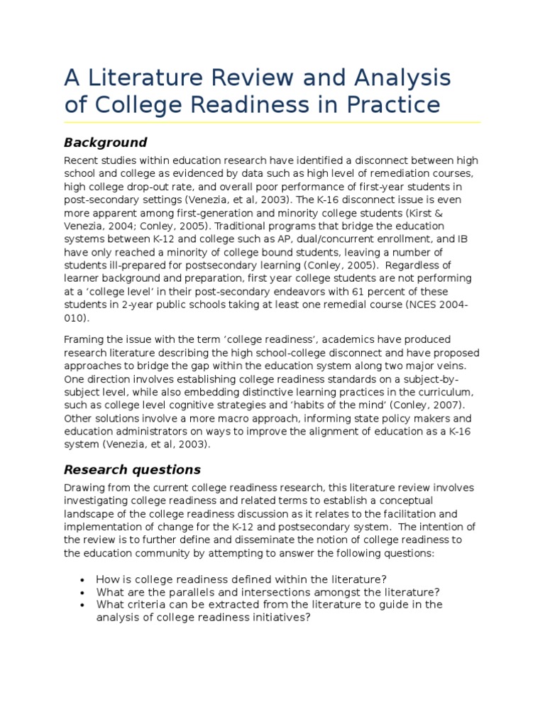 College Readiness Lit Review | PDF | Curriculum | Metacognition