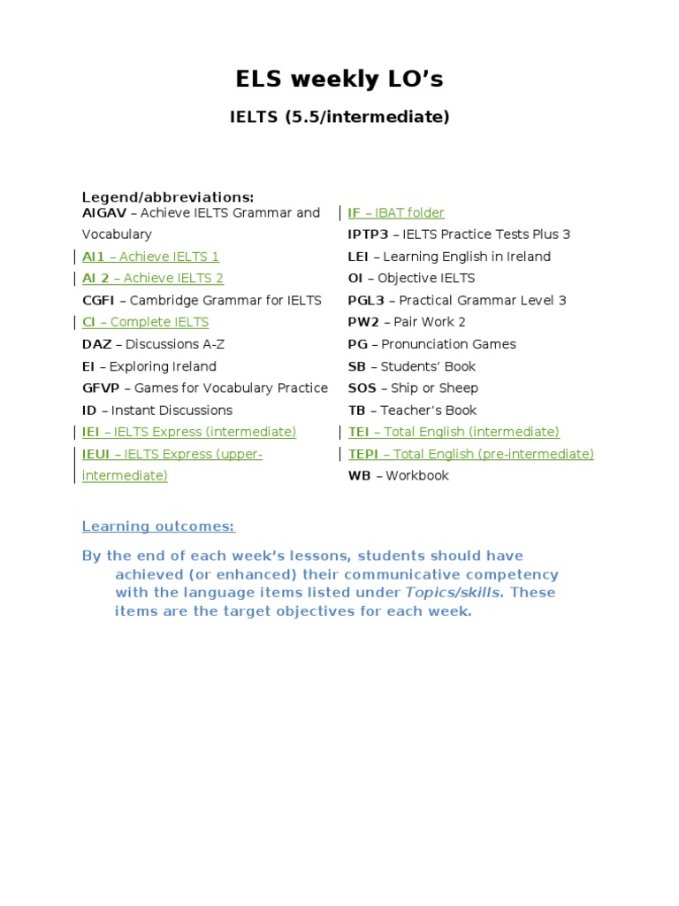IELTS Intermediate Weekly Learning Goals | PDF | International English ...