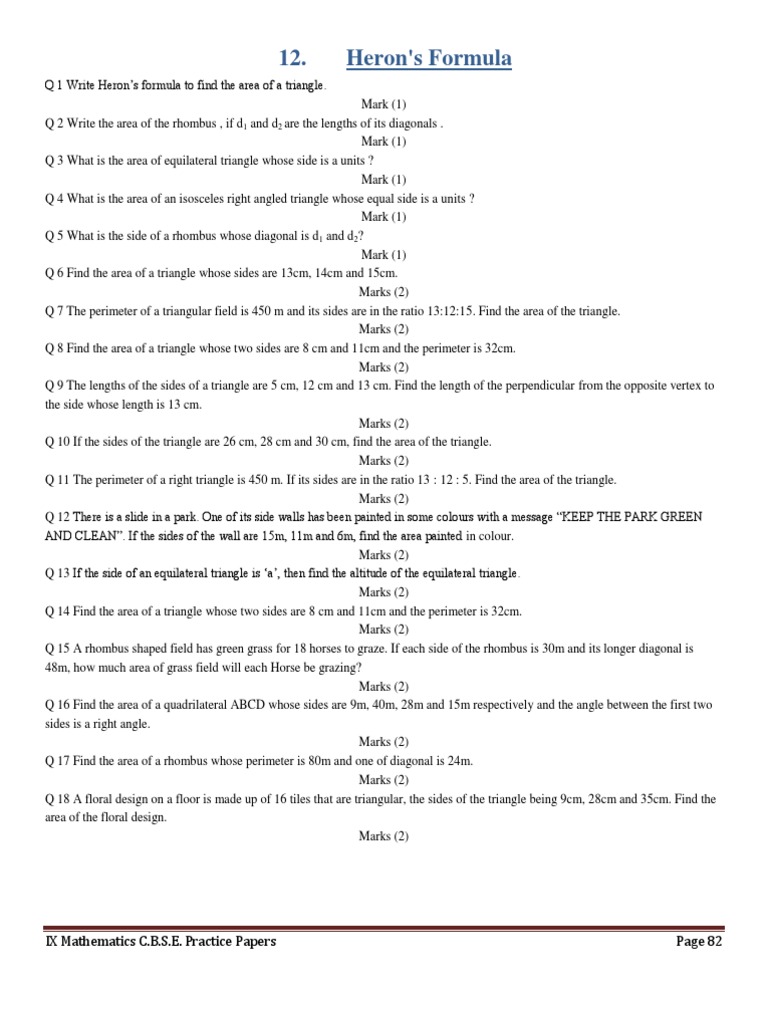 CBSE Class 9 Heron's Formula | PDF | Area | Triangle