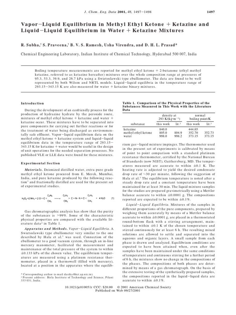 Vapor-Liquid Equilibrium in Methyl Ethyl Ketone Ketazine | PDF ...