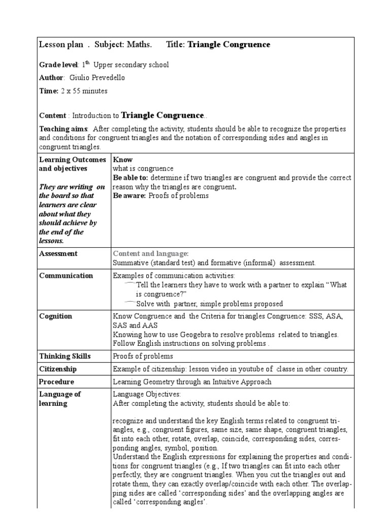 Lesson Plan CLIL - Congruent Triangles | PDF | Triangle | Elementary ...