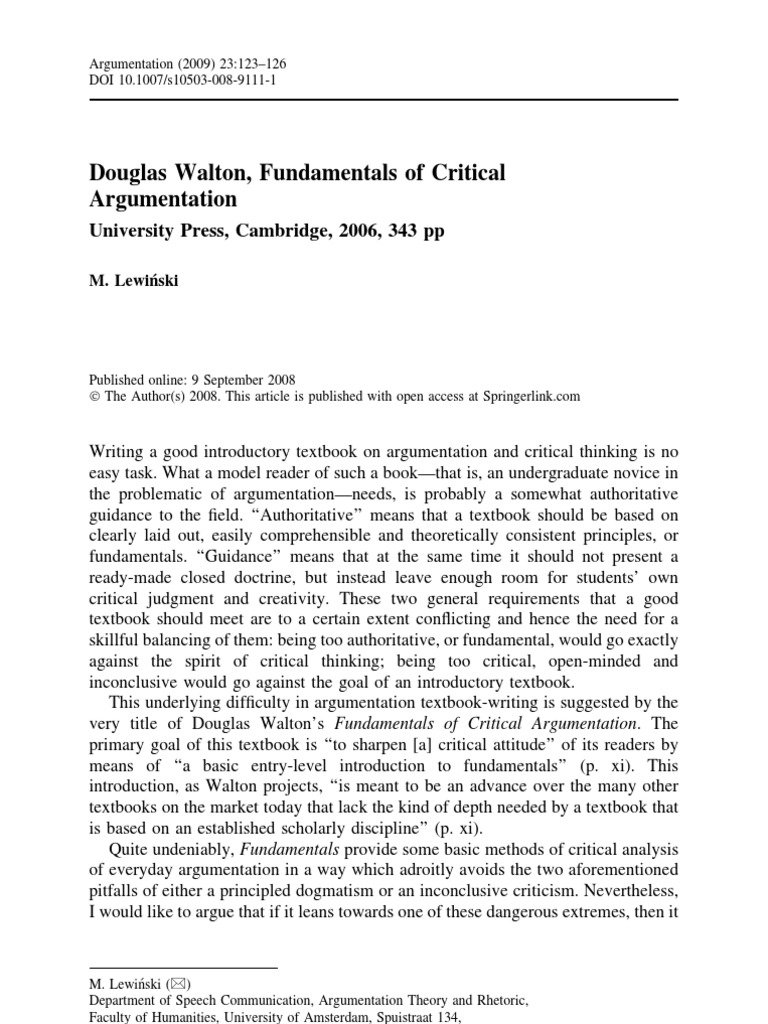 Douglas Walton, Fundamentals of Critical Argumentation: University ...