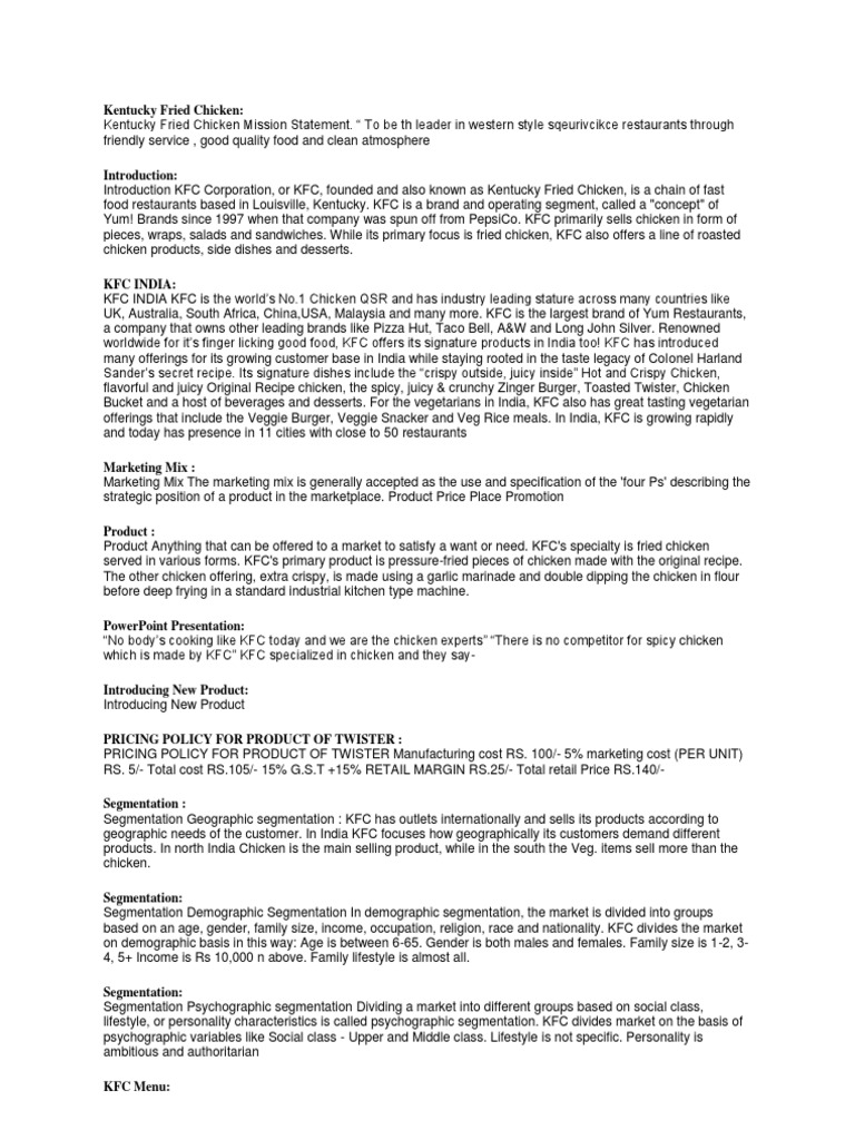 Kentucky Fried Chicken | PDF | Fast Food Restaurants | Food And Drink