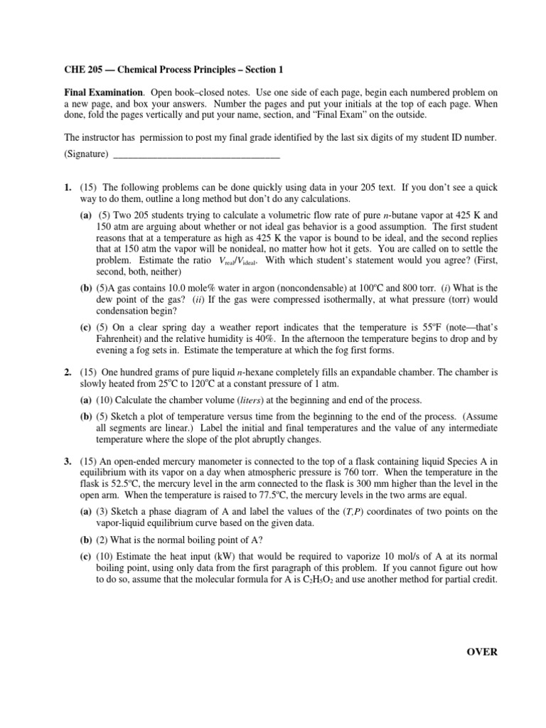 CHE 205 Final Examination | PDF | Enthalpy | Phase (Matter)