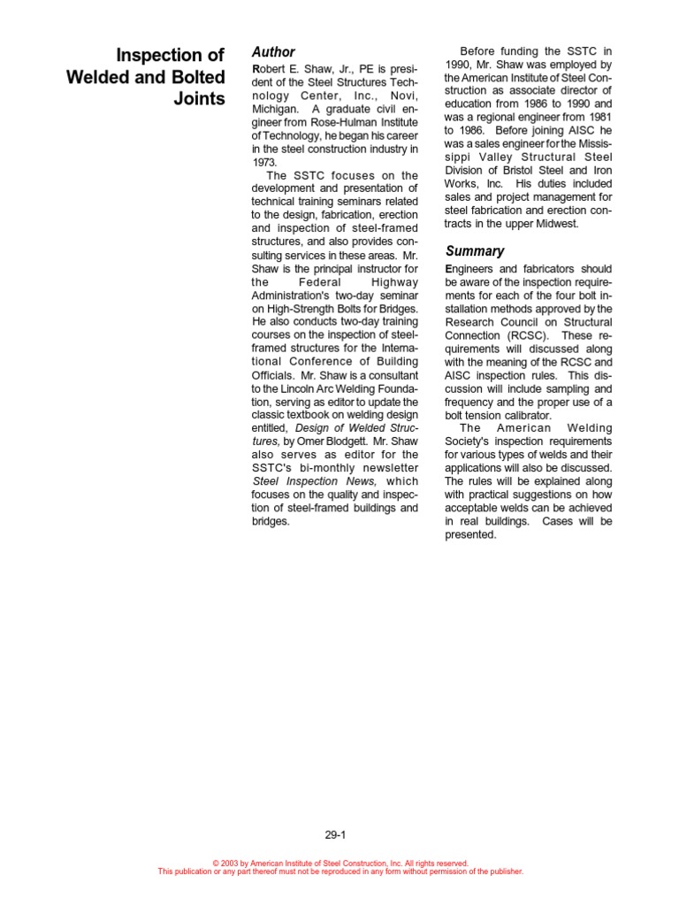 AISC - Inspection of Welded and Bolted Joints | PDF | Screw | Fatigue ...