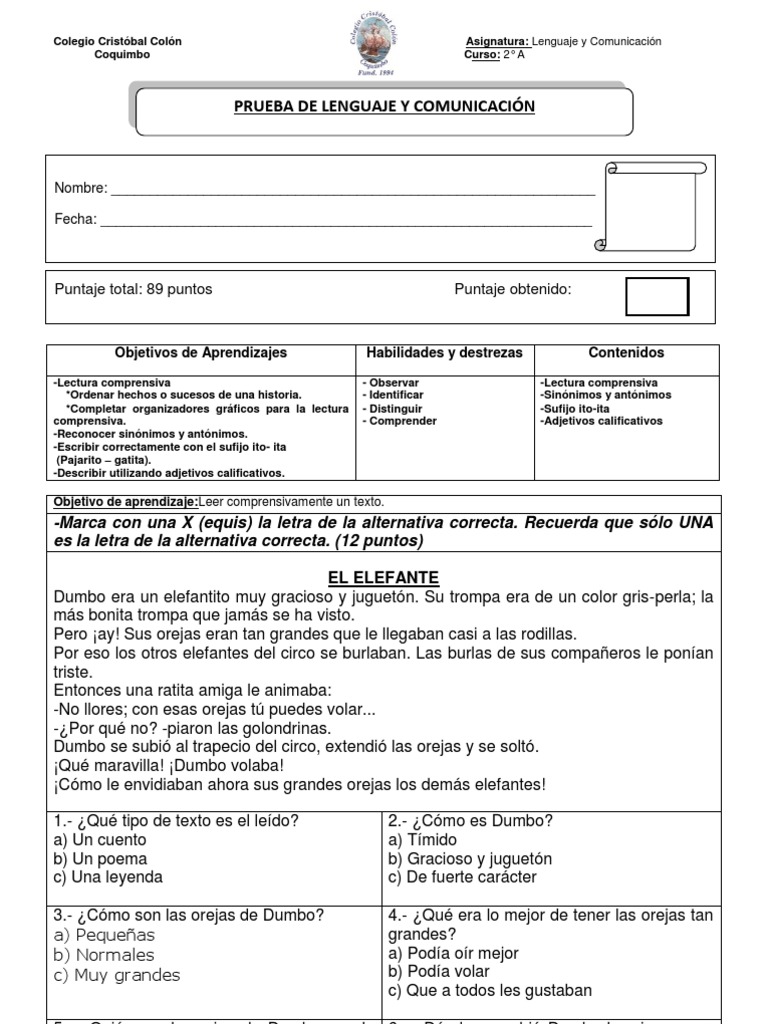 Prueba Lenguaje - Sinonimo - Antonimos - Diminutivos | PDF