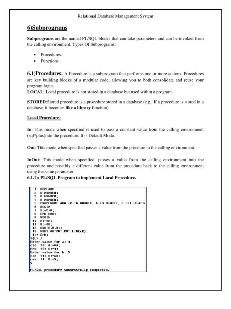 6) Subprograms: 6.1) Procedures | Download Free PDF | Pl/Sql | Subroutine