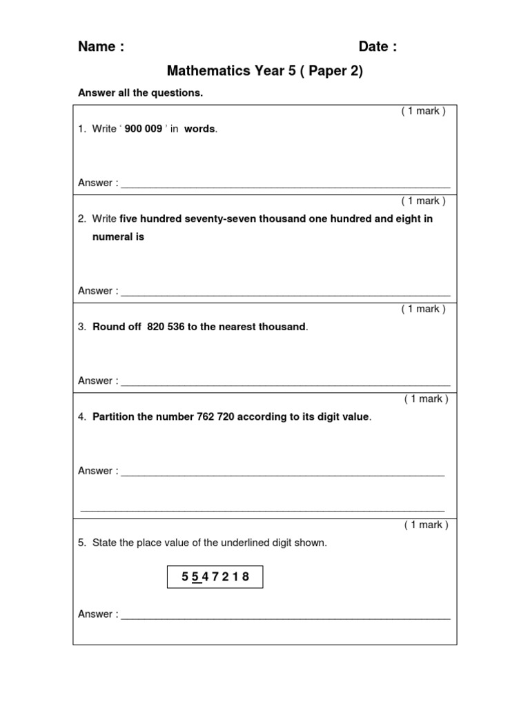 Name: Date: Mathematics Year 5 (Paper 2) : Answer All The Questions | PDF