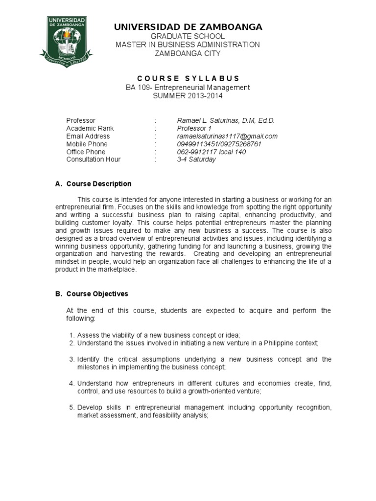 Sylllabus BA 109 Entrepreneurial Management | PDF | Entrepreneurship ...