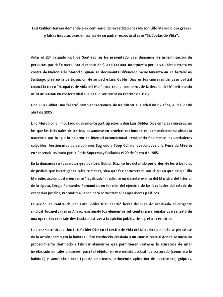 Luis Gubler Herrera Demanda en $200.000.000 A Torturador Nelson Lillo ...
