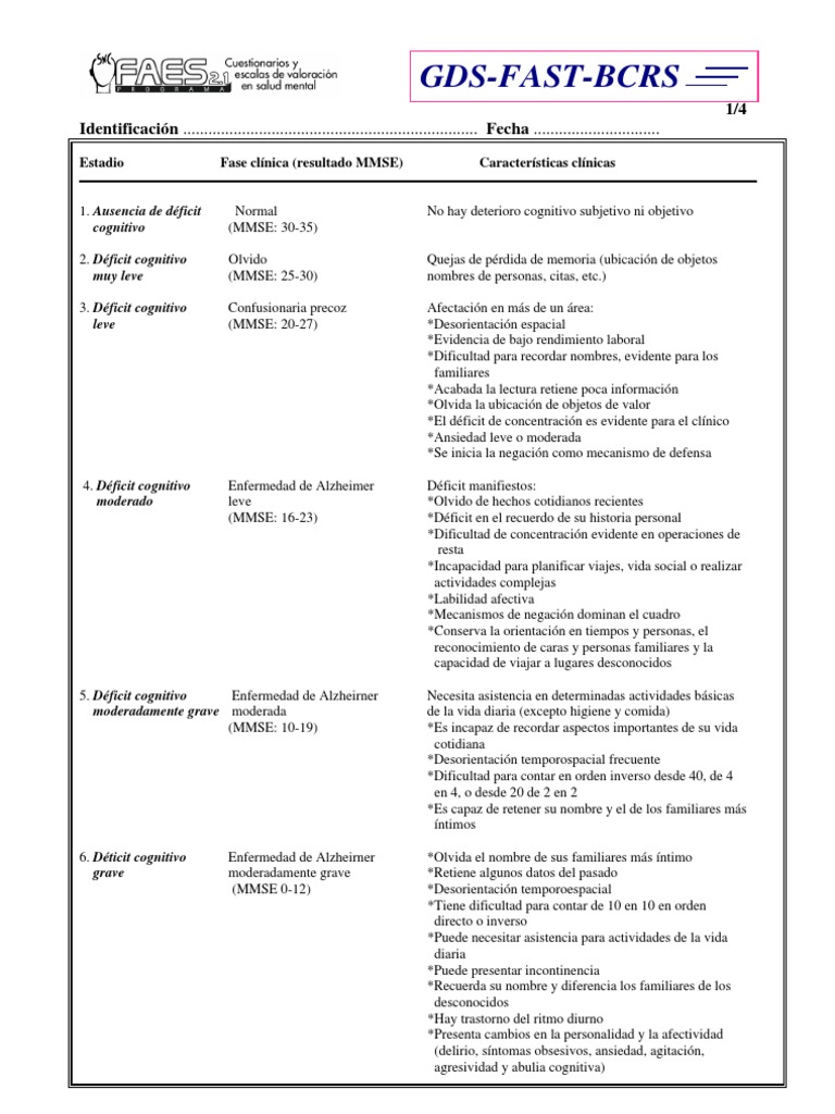 MEDICINA - GDS-FAST-BCRS - Escala de Deterioro Global de Reisberg | PDF ...