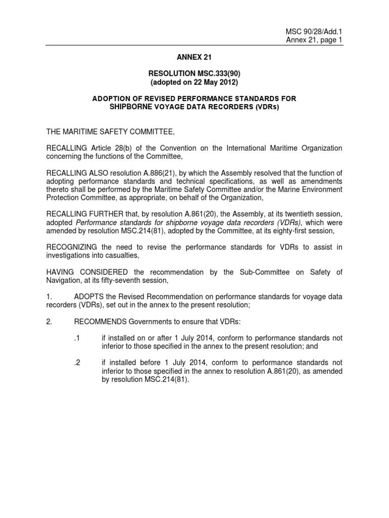 Annex 21 RESOLUTION MSC.333 (90) (Adopted On 22 May 2012) Adoption of ...