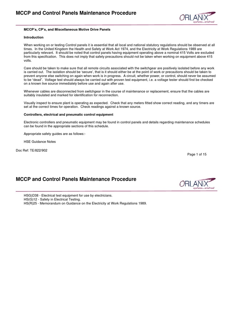 MCCP Control Panels Maintenance Guide | PDF | Relay | Fuse (Electrical)
