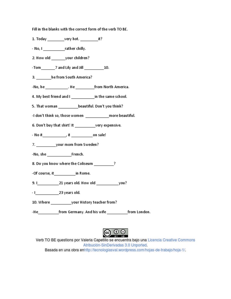Fill in the Blanks: Verb TO BE Exercise | PDF