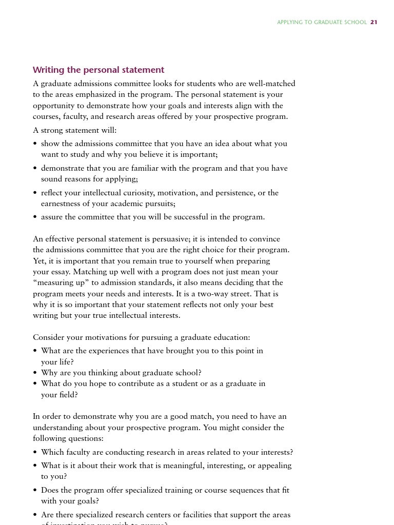 Writing The Personal Statement: Applying To Graduate School | PDF
