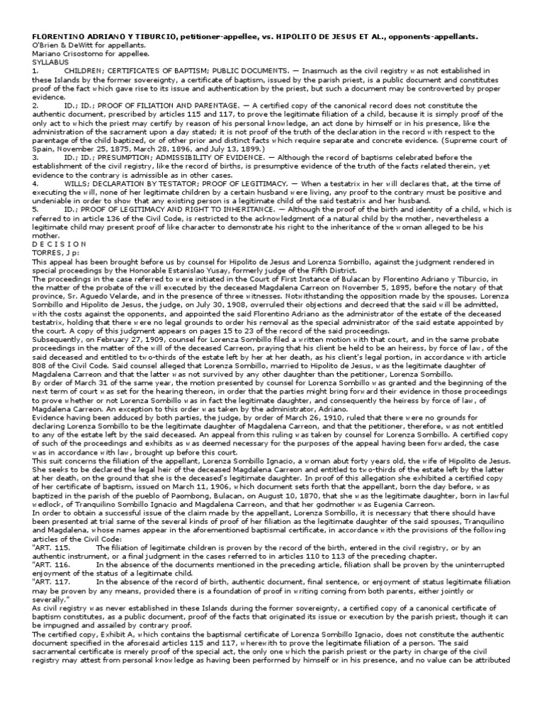 Adriano v. de Jesus | Download Free PDF | Evidence (Law) | Baptism