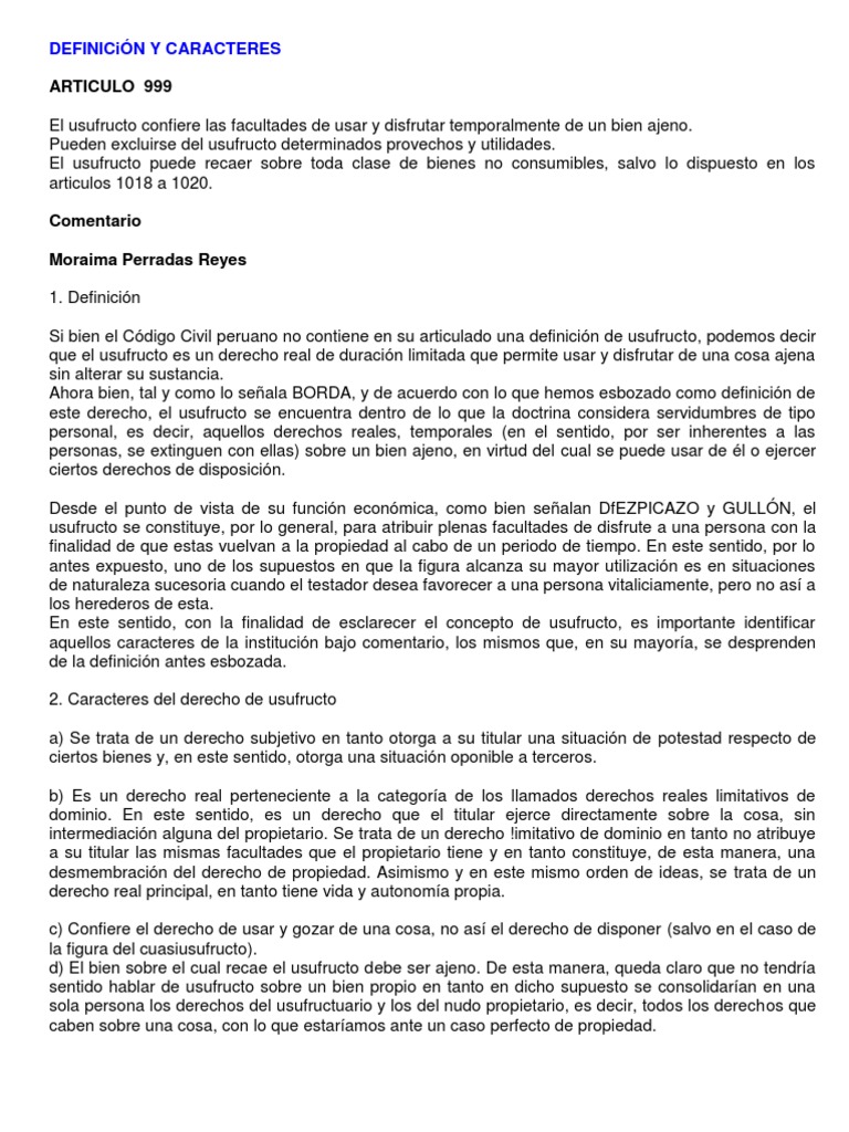 Usufructo DEFINICiÓN Y CARACTERES | PDF | Propiedad | Legislación