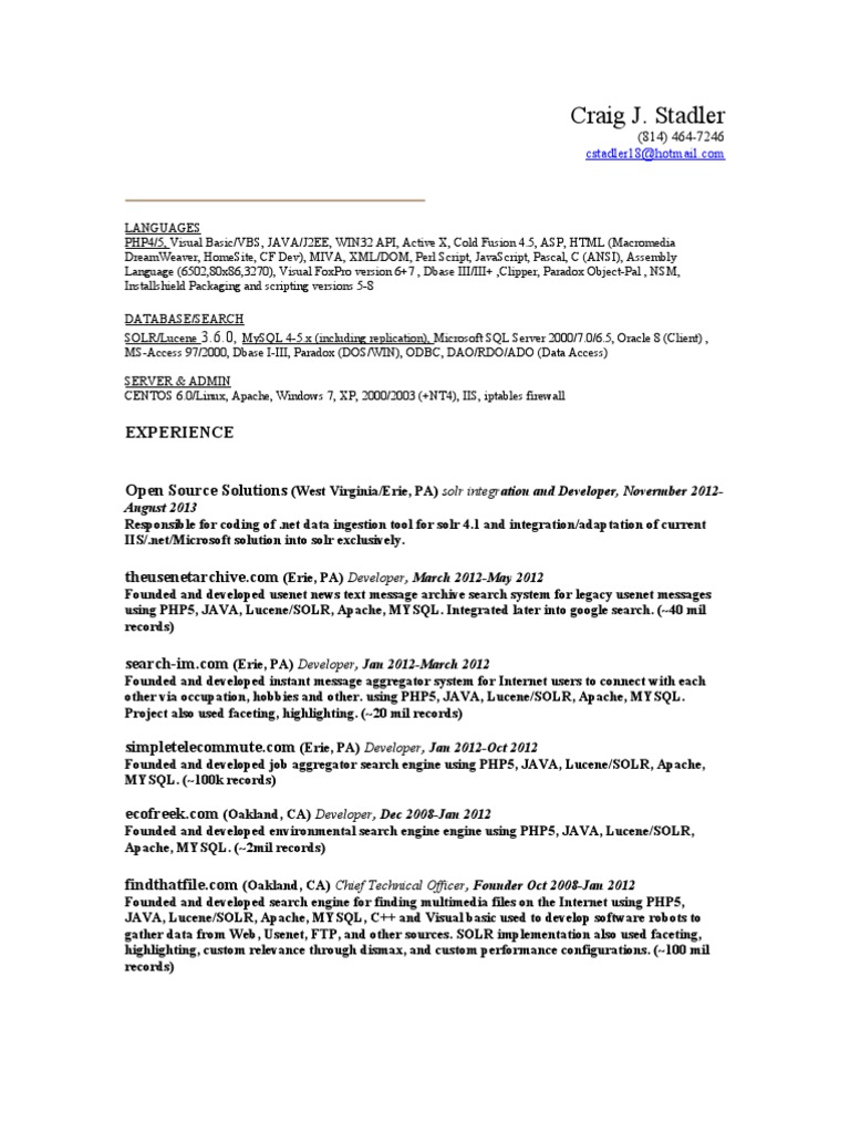 Resume Craig J. Stadler | PDF | Component Object Model | Apache Solr