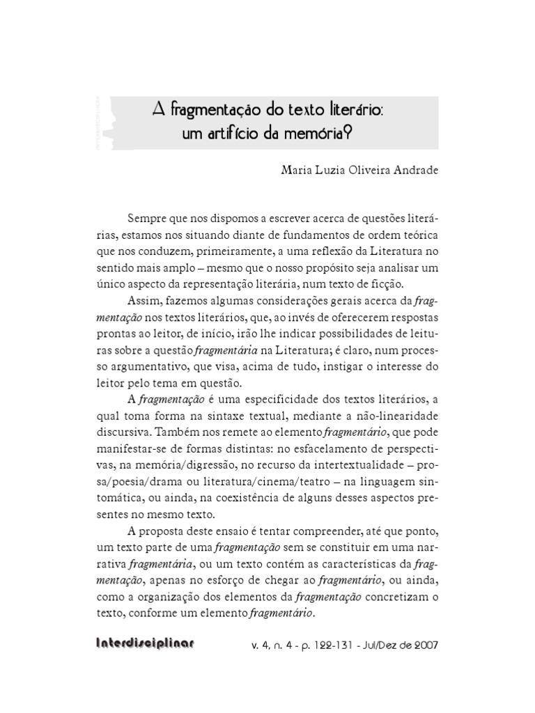 A Fragmentação Do Texto Literário Um Artifício de Memória | PDF