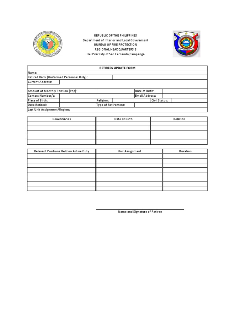 Retirees Update Form for Fire Protection | PDF