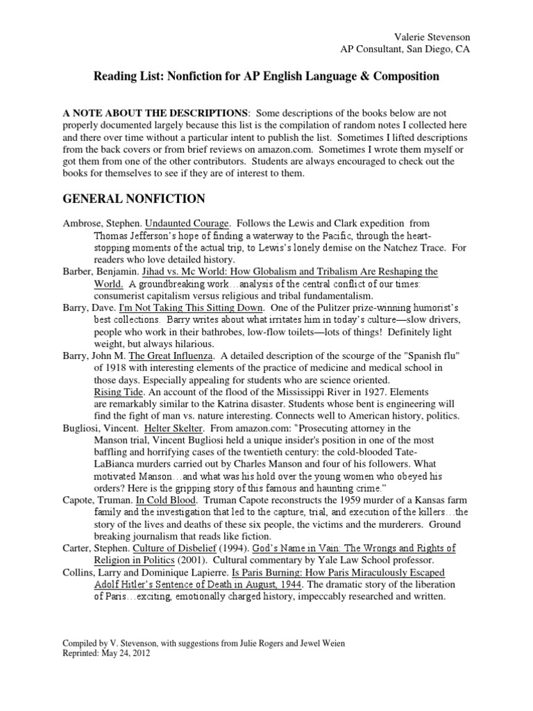 AP Lang Nonfiction Reading List | PDF | Courage | Books