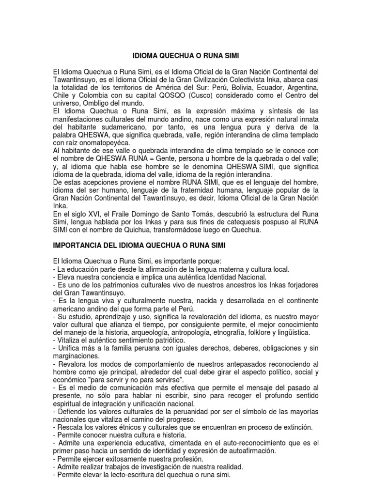 Idioma Quechua o Runa Simi | PDF | Alfabeto | Perú