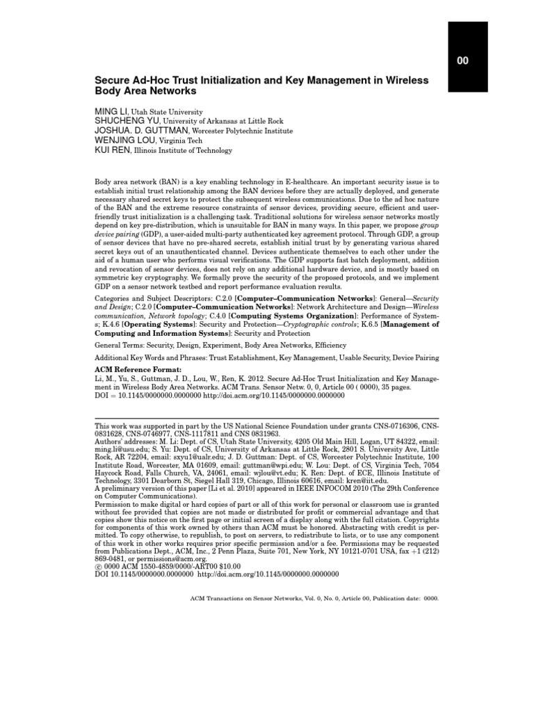 Secure Ad-Hoc Trust Initialization and Key Management in Wireless Body Area Networks | Download ...