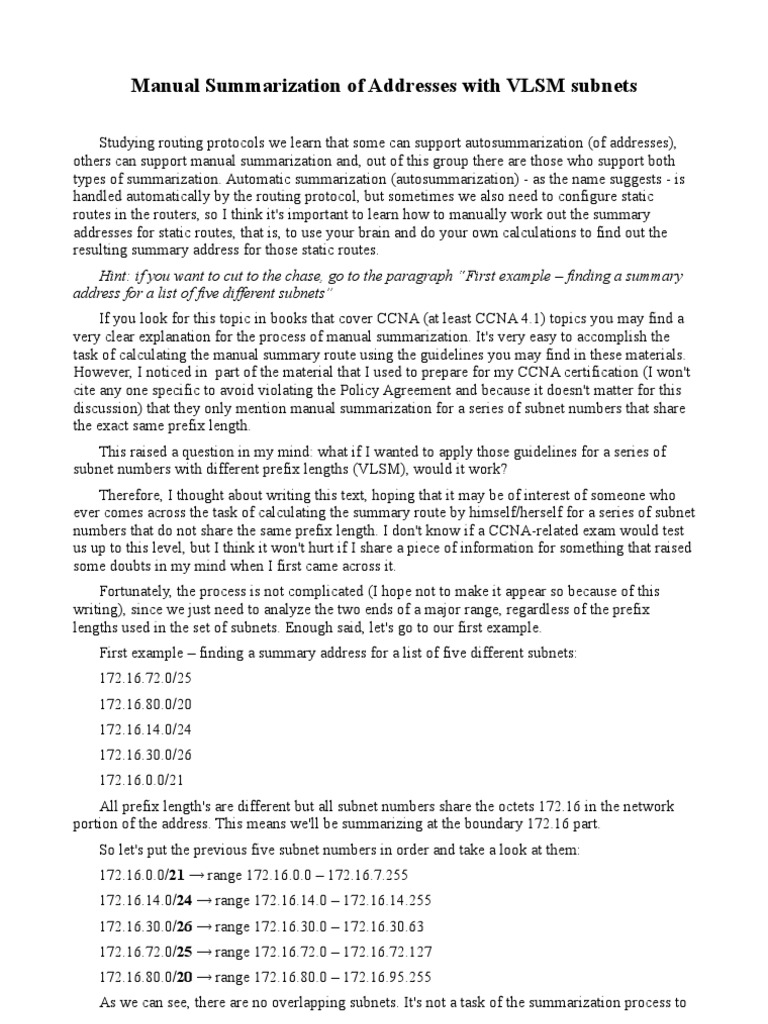 Manual Summarization With VLSM Subnets | PDF | Ip Address | Internet Architecture