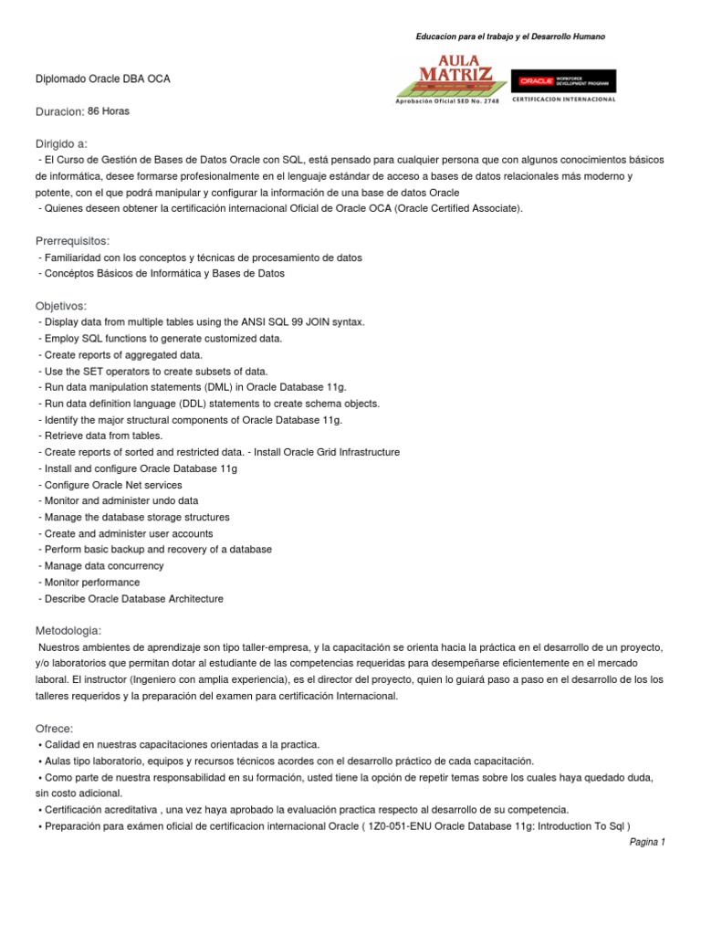 Capacitacion Diplomado Oracle DBA OCA | PDF | SQL | Base de datos Oracle
