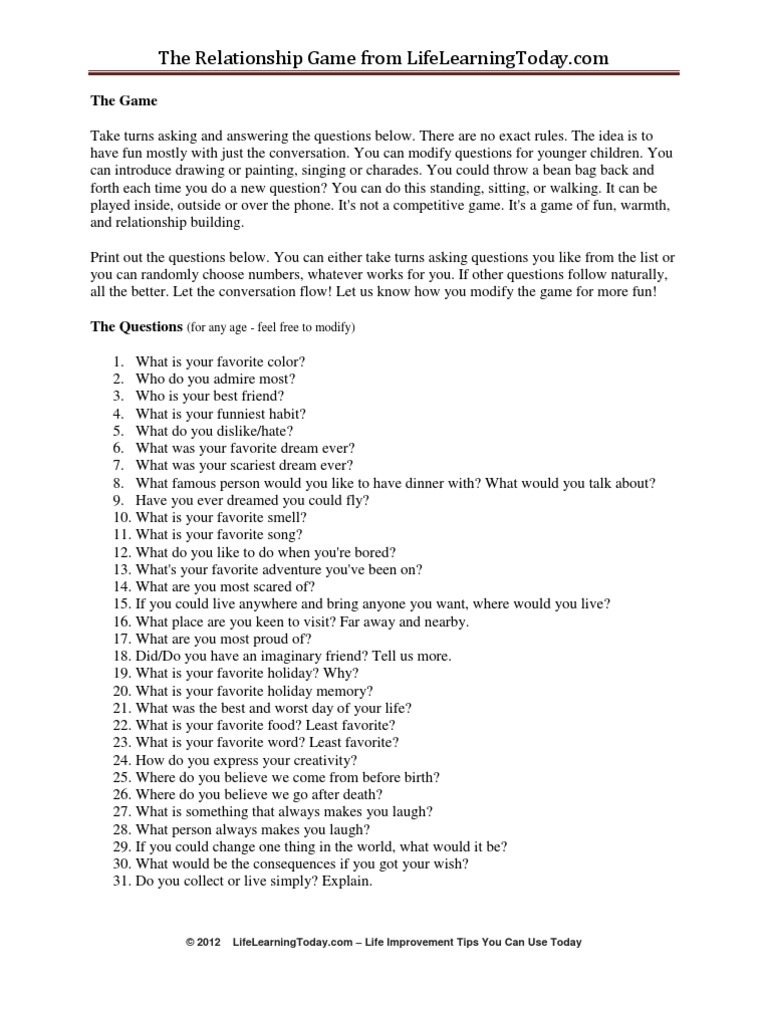 The Relationship Game | PDF | Leisure