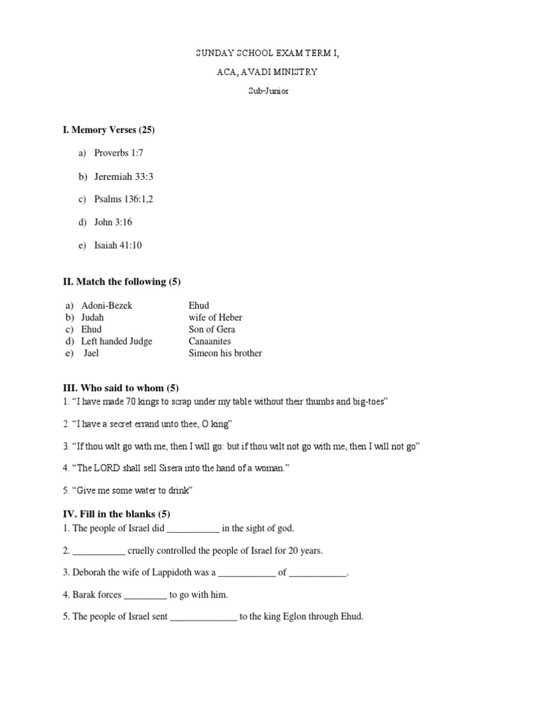 Sunday School Exam Paper For Sub Junior Level | PDF