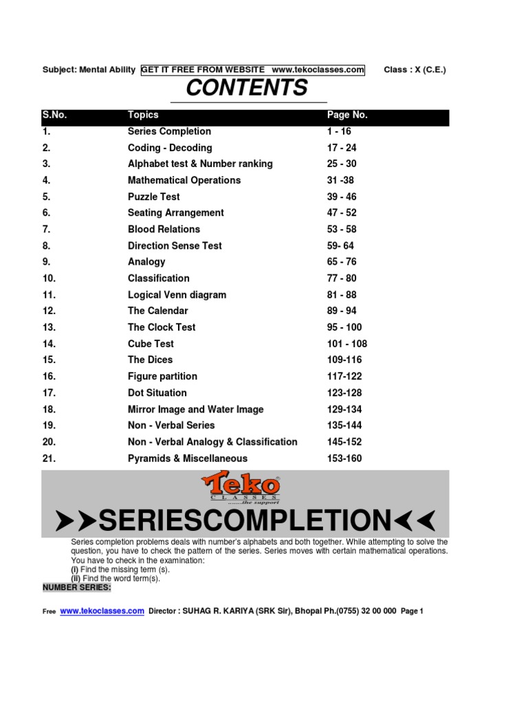 Class 10 Mental Ability Competitive Exams Book Good Questions | PDF ...