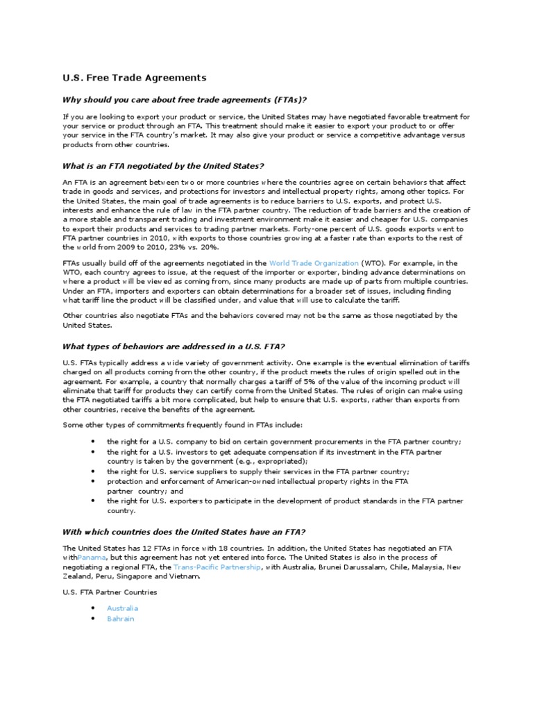 U.S. Free Trade Agreements | PDF | Exports | World Economy